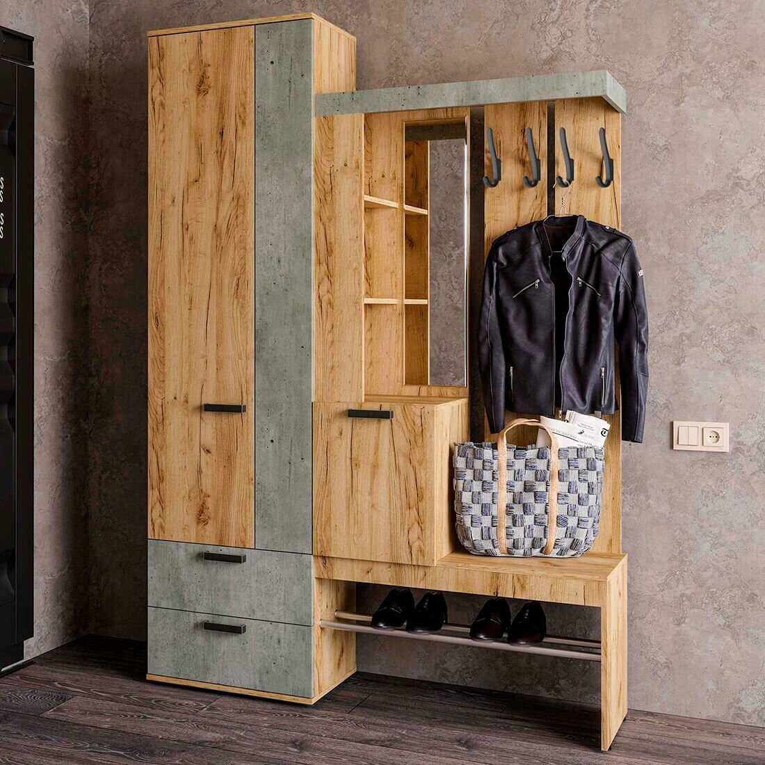 Прихожая Мебелони "Трамп", с вешалкой, зеркалом и полками, ЛДСП, 150х37.2х217.6 см