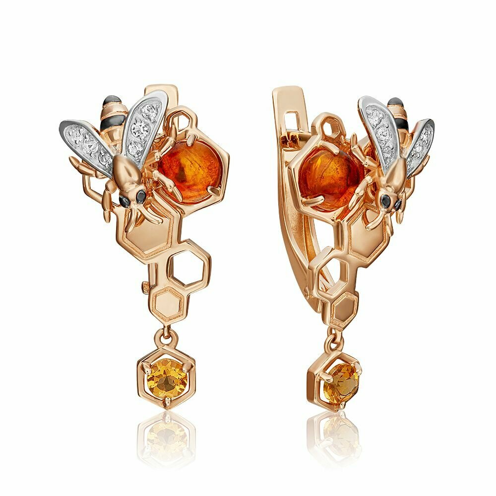 Серьги, красное золото, 585 проба, янтарь, цитрин, топаз