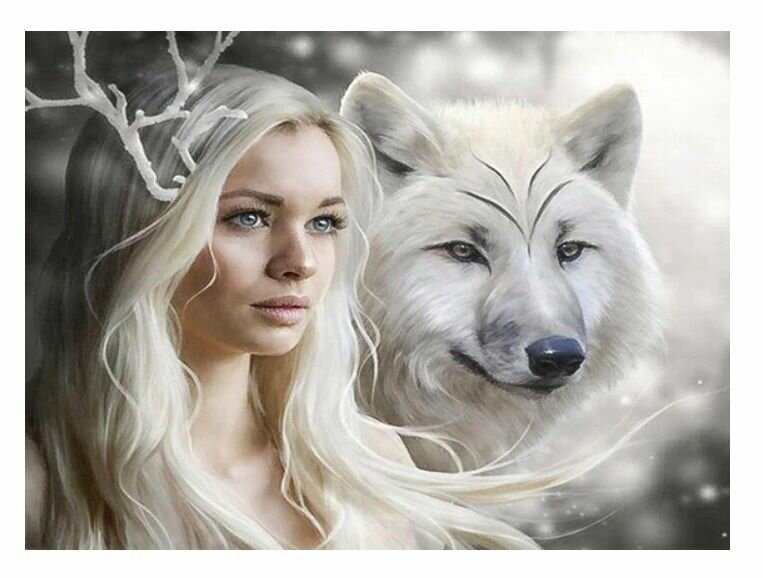 Набор для вышивания "Девушка и белый волк"/ Вышивание крестиком / Набор для творчества/ Размер 40х50 см