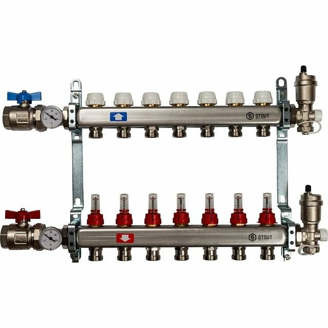 Коллектор из нержавеющей стали с расходомерами, с шаровыми кранами, клапаном выпуска воздуха и сливом на 7 выходов, STOUT, SMS-0907-000007