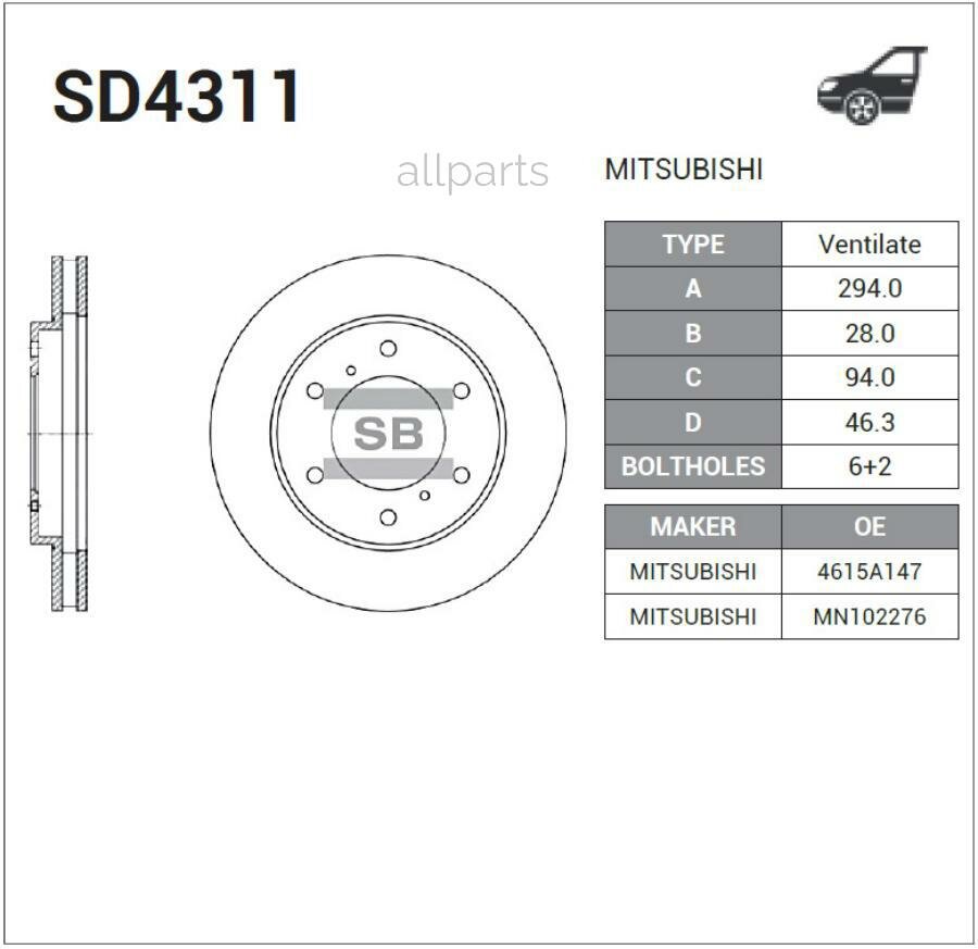 SANGSIN BRAKE 'SD4311 тормозной диск FR L200'05- P/SP07-