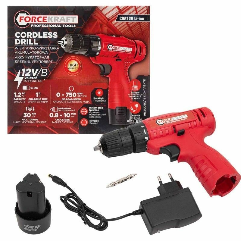 Дрель-шуруповерт аккумуляторная (12V, 1.2Ah, 30Нм, патрон 0.8-10мм) FORCEKRAFT