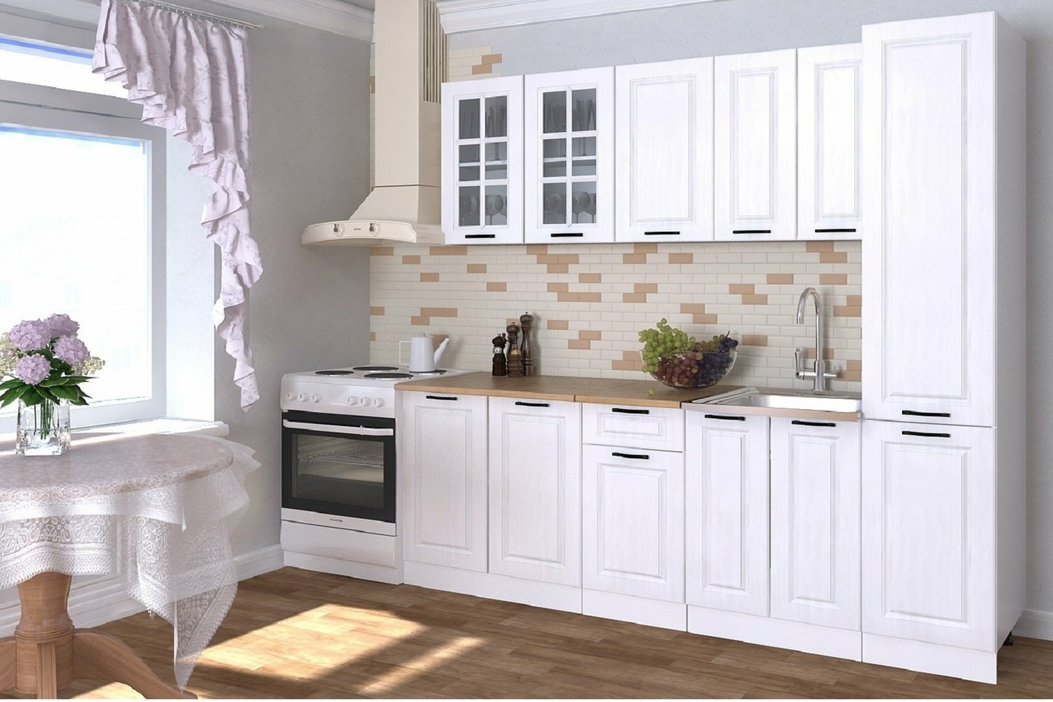 Кухонный гарнитур Белый Вегас, длина 2200 мм, с пеналом, фасад МДФ