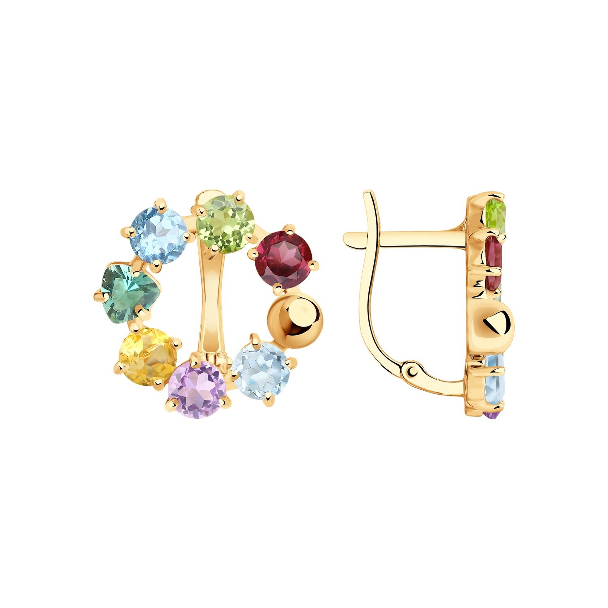 Серьги, красное золото, 585 проба, аметист, топаз, цитрин, родолит, хризолит, кварц