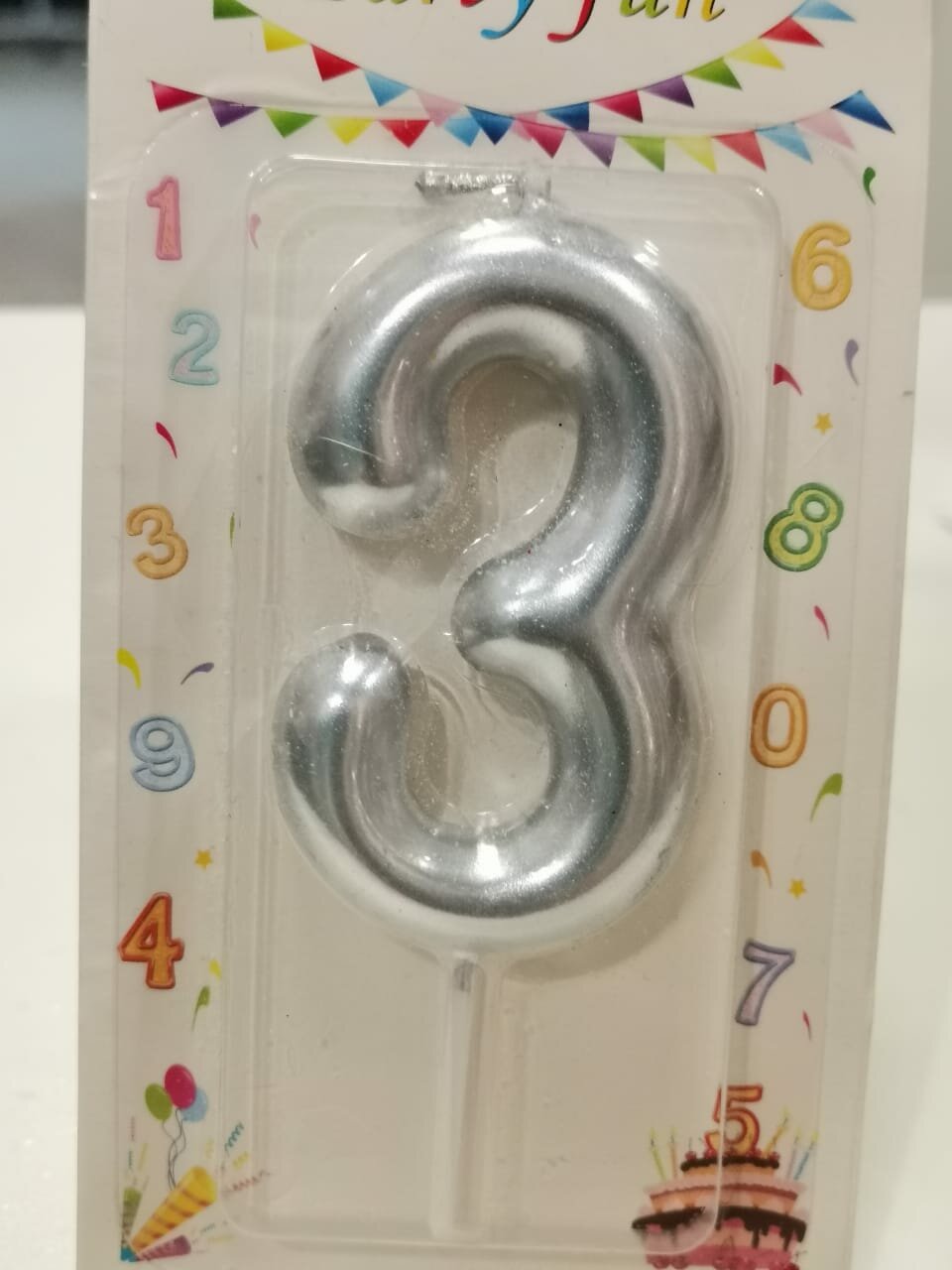Свеча-цифра 3 для торта, серебристая