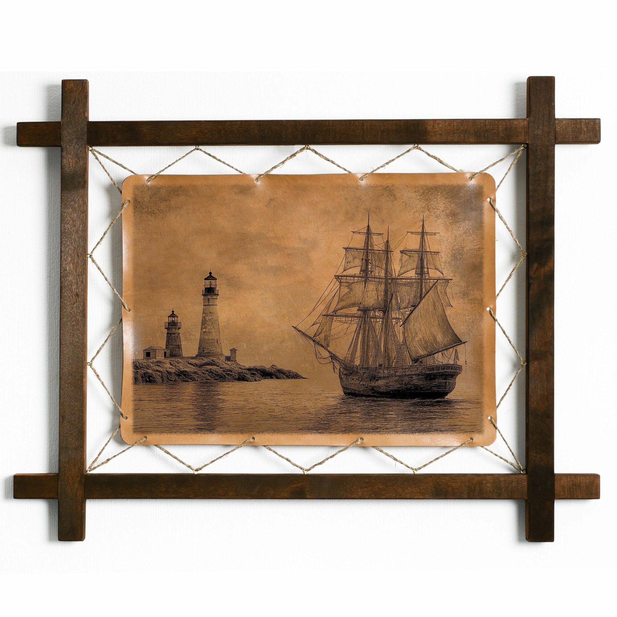 Картина интерьерная из кожи "Корабль на берегу", BoomGift