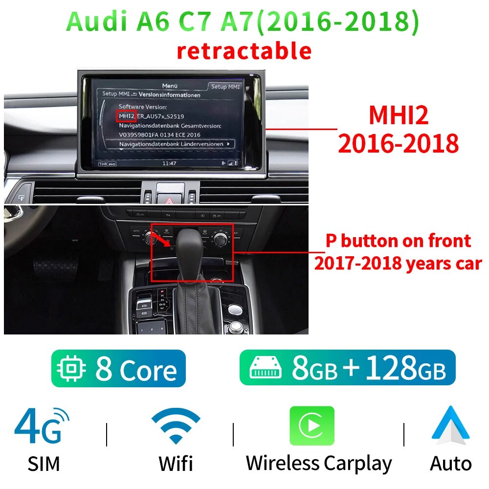 8-ядерная автомобильная мультимедийная стереосистема Android 14 для Audi A6 C7 A7 MHI2 MTK 8-128GB