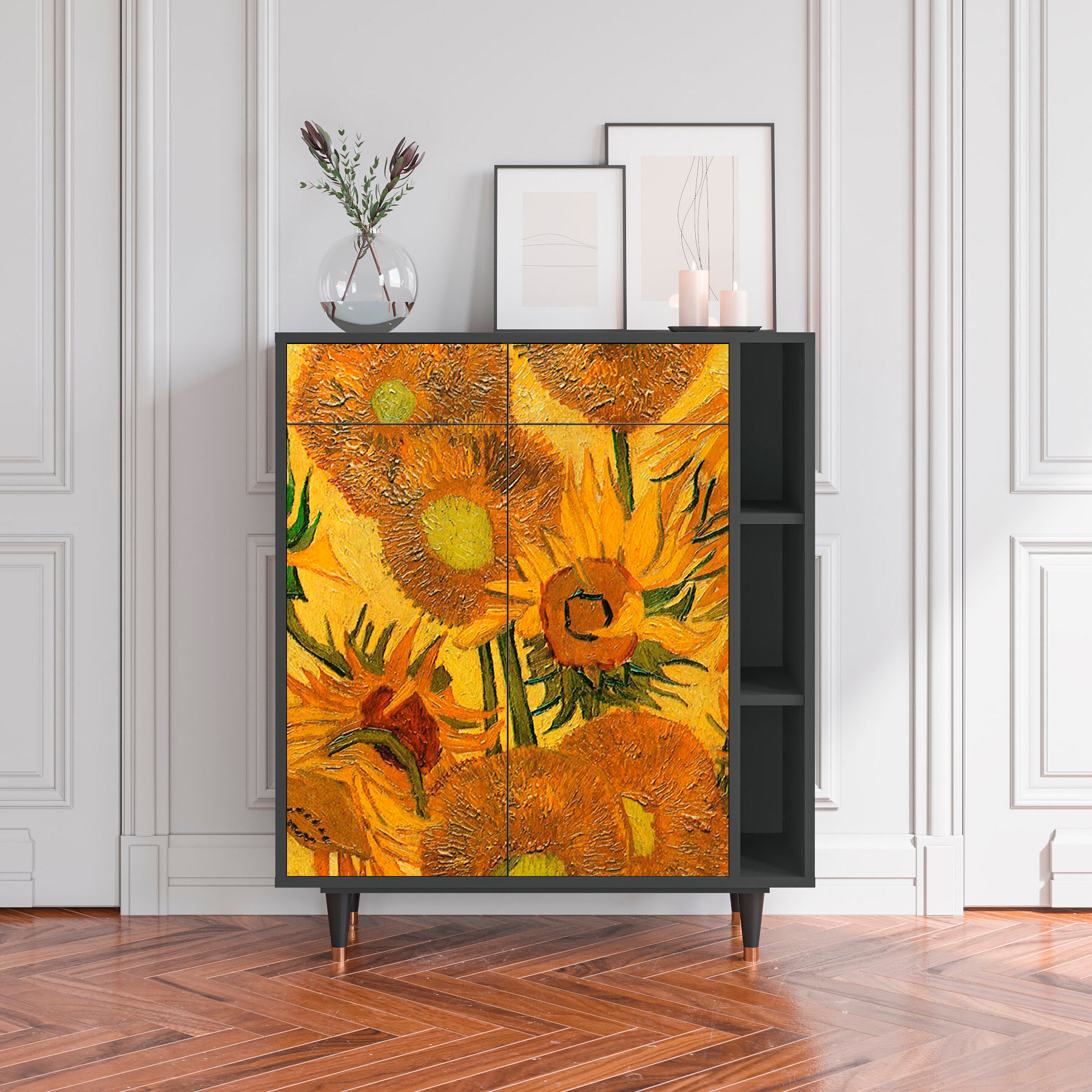 Комод - STORYZ - BS6 Sunflowers by Vincent Van Gogh, Размер - 94 x 110 x 41 см, Цвет корпуса - , Антрацит