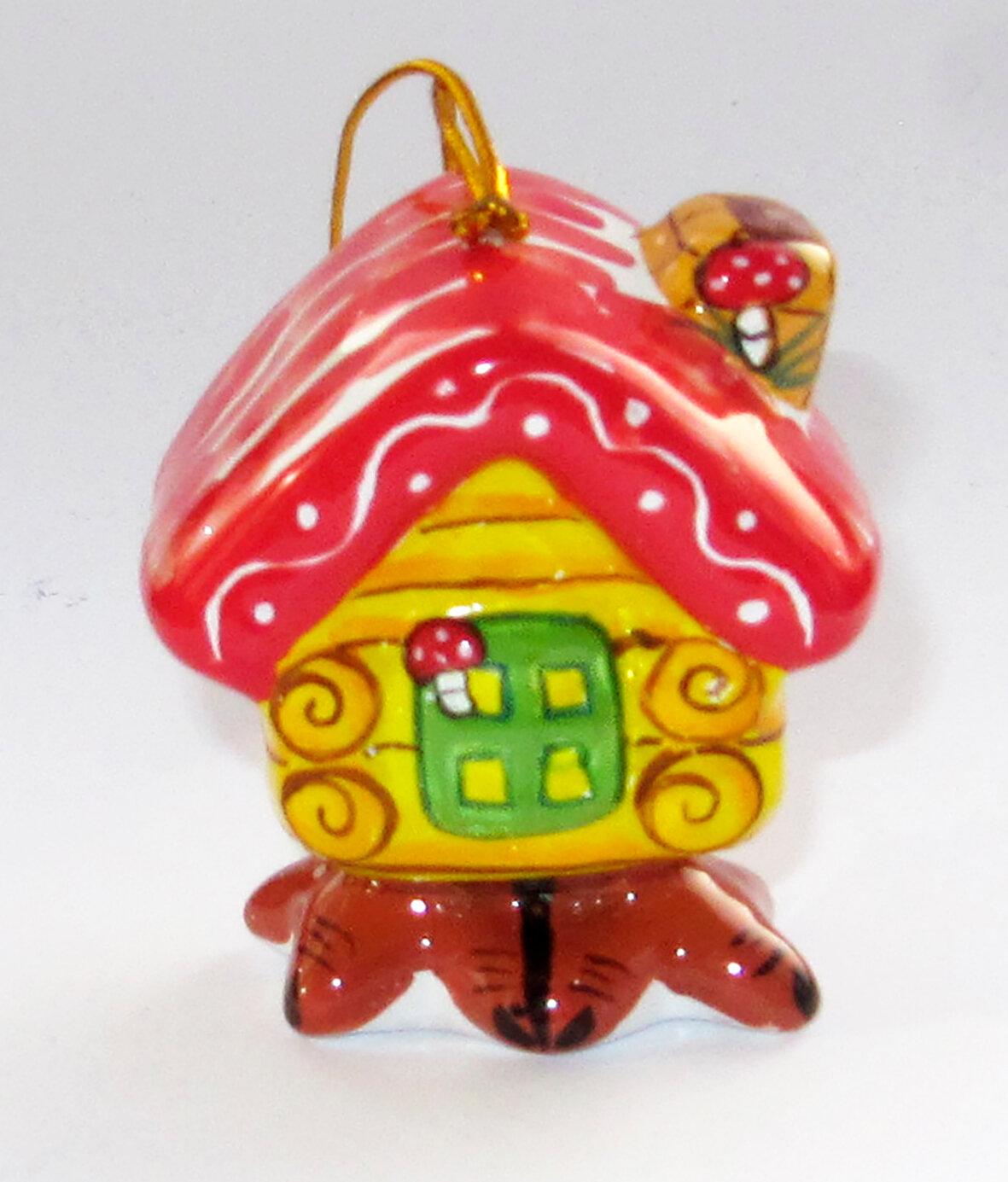 Елочная игрушка керамическая избушка на курьих ножках. Высота 6 см. Ручная работа майолика Россия.