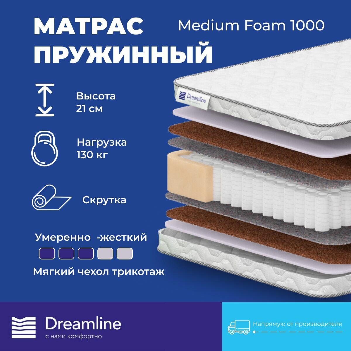 Матрас Dreamline Medium Foam 1000 130х180 высота 21 см анатомический средней жесткости кокосовый Независимые пружины