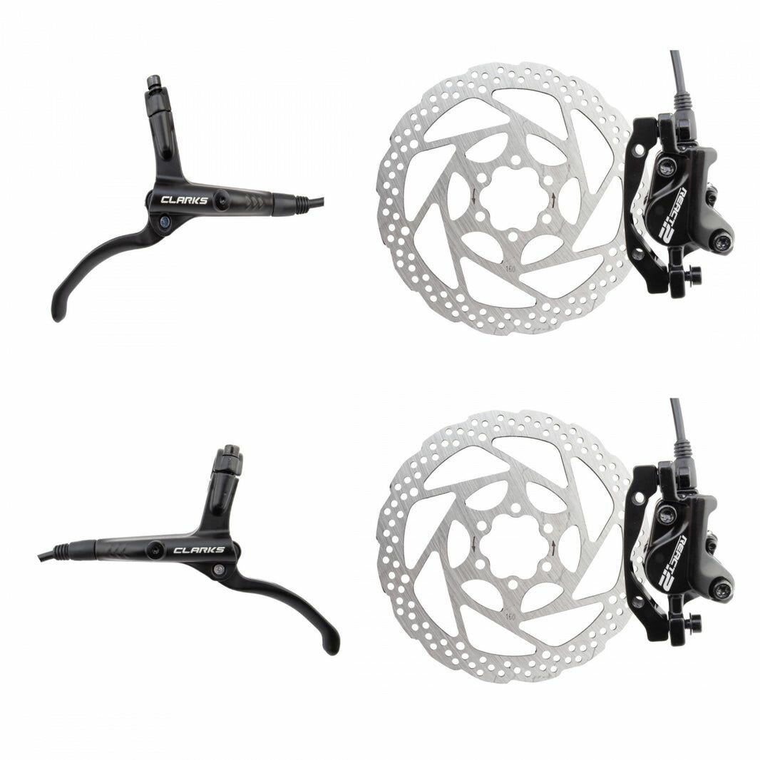Комплект набор передний+задний тормоз дисковый гидравлический для велосипеда Clarks REACT-2 (минеральное масло, ротор 160мм(2шт) суппорт+тормозные ручки+поршень, колодки), черный