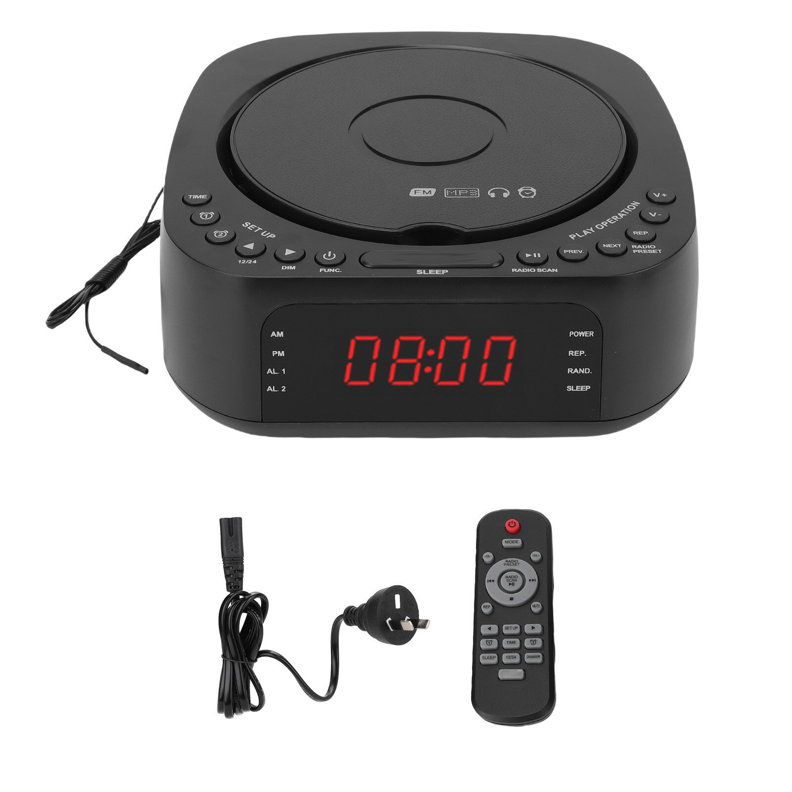 CD Player Alarm Clock USB Charging Dimmable Display Desktop Bluetooth Radio CD Player with Speaker Remote Control for Bedroom AU Plug