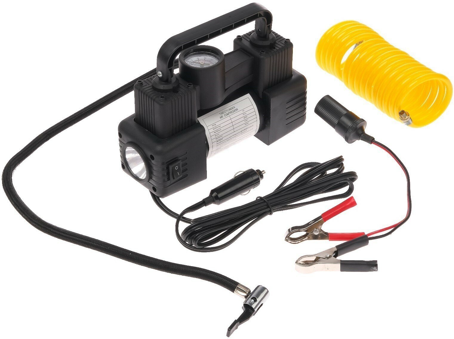 Компрессор автомобильный двухпоршневой, 12 В, фонарь, 25 л/мин, сумка, черный