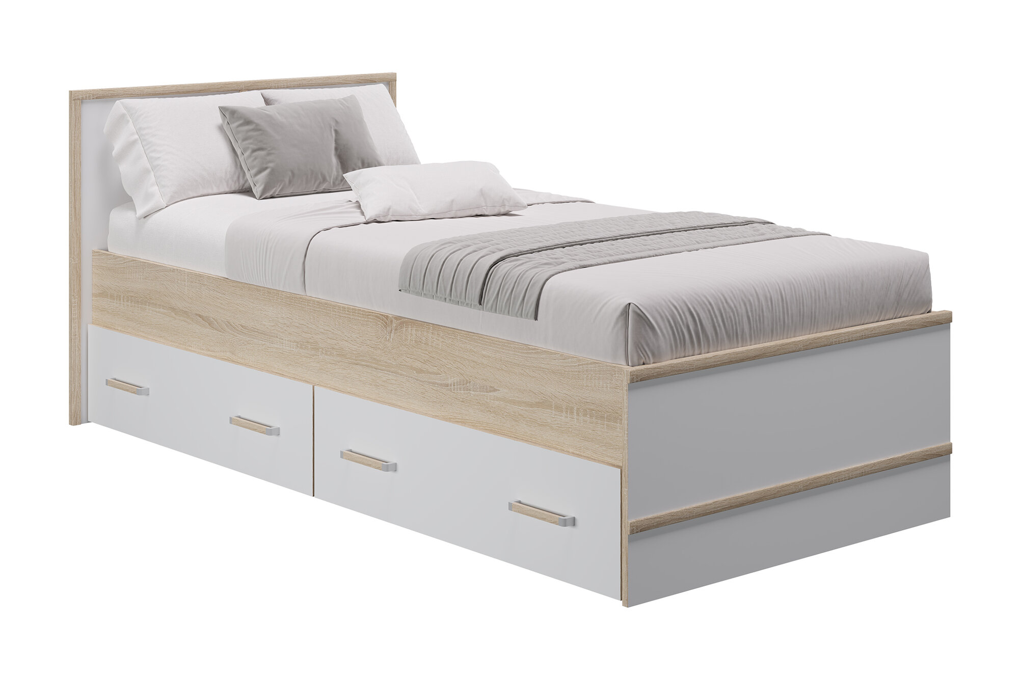 Кровать односпальная Нонтон Сакура, 90x200 см, 2 ящика, настил реечный, дуб сонома / белый