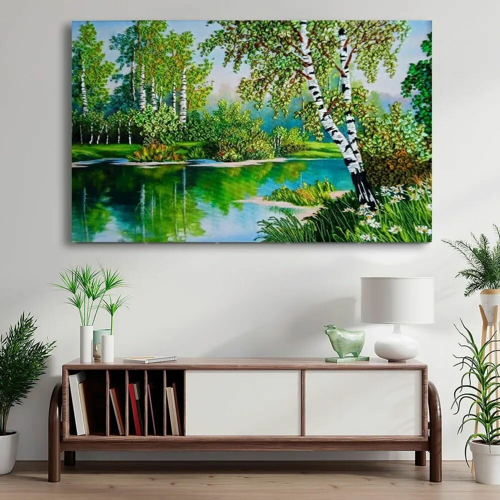 Река/берёза80x50cm. Бриллиантовая мозаика/круглый алмаз /(без подрамника,)