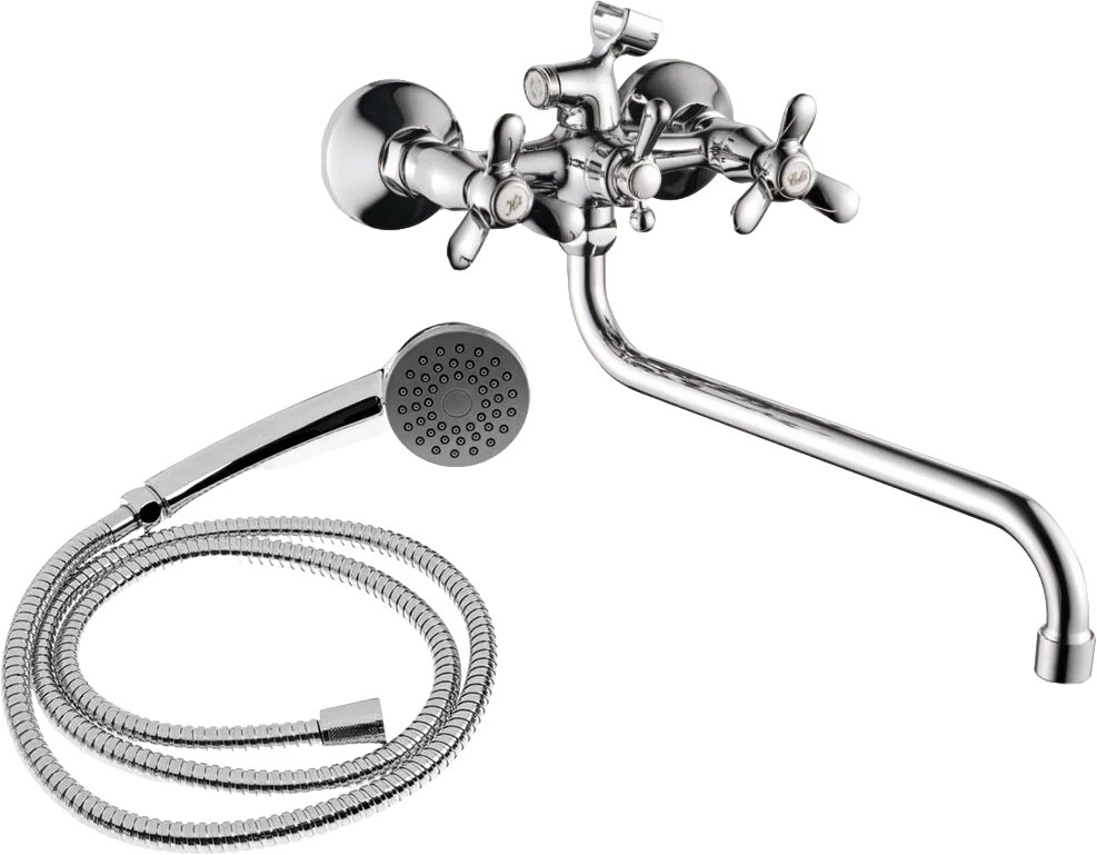 Смеситель с длинным изливом для ванны Haiba HB2212 с душевым гарнитуром, поворотный, латунный, хром, глянцевый, смеситель для ванны с душем, вентильный
