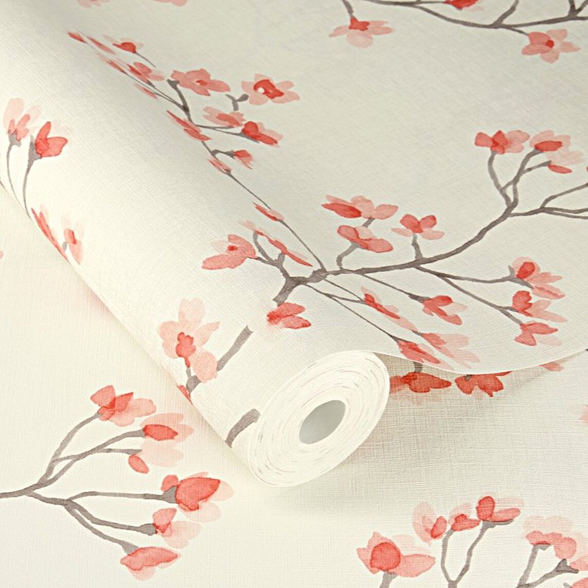 Обои флизелиновые Rasch Beltesto. Матовые моющиеся, с рисунком ветка цветами, бело-красные