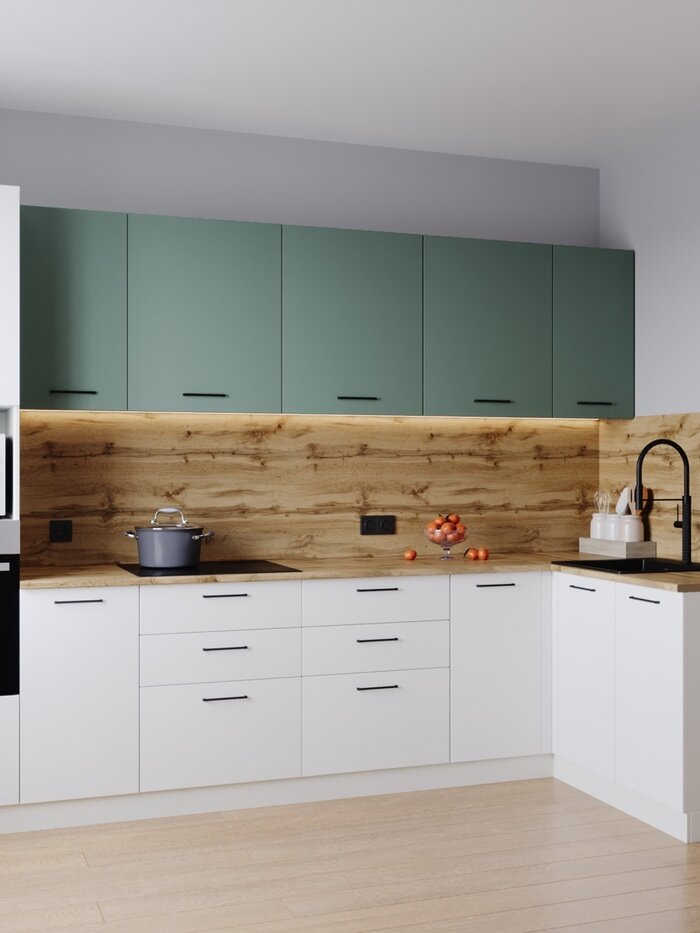 Кухонный гарнитур угловой «муссон», 3200×1400 мм, цвет жемчуг/муссон дуб Вотан