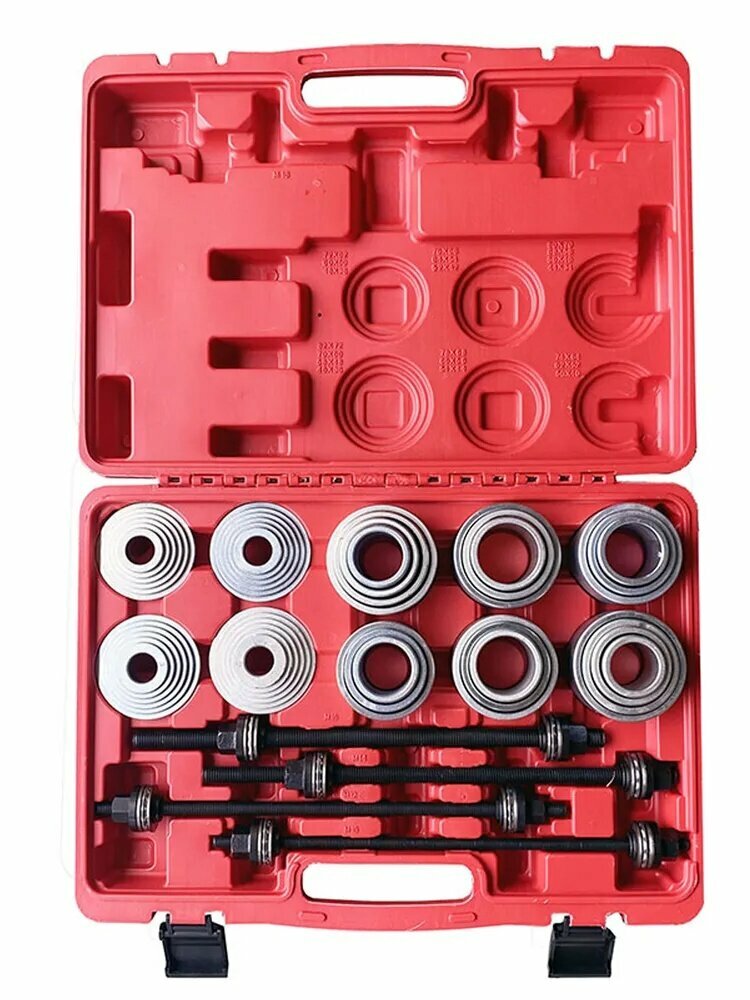 Набор для замены, выпрессовки, снятия, установки сайлентблоков, втулок и подшипников универсальный 28 предметов (34-82мм.) VT01302B