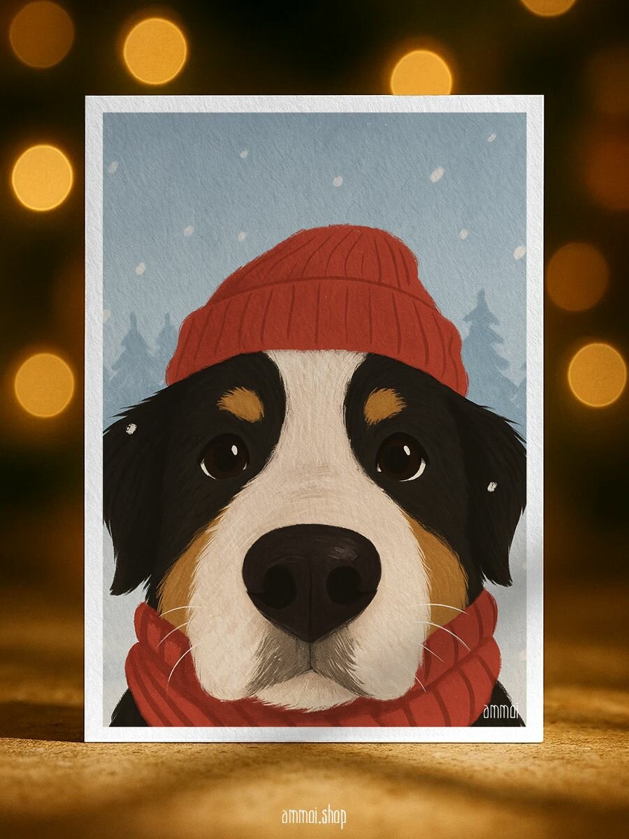 Авторская открытка Am.moi Бернский зенненхунд Берн в красной шапке 14,8 10,5 см (А6) с конвертом, дизайнерская бумага 300 г/м