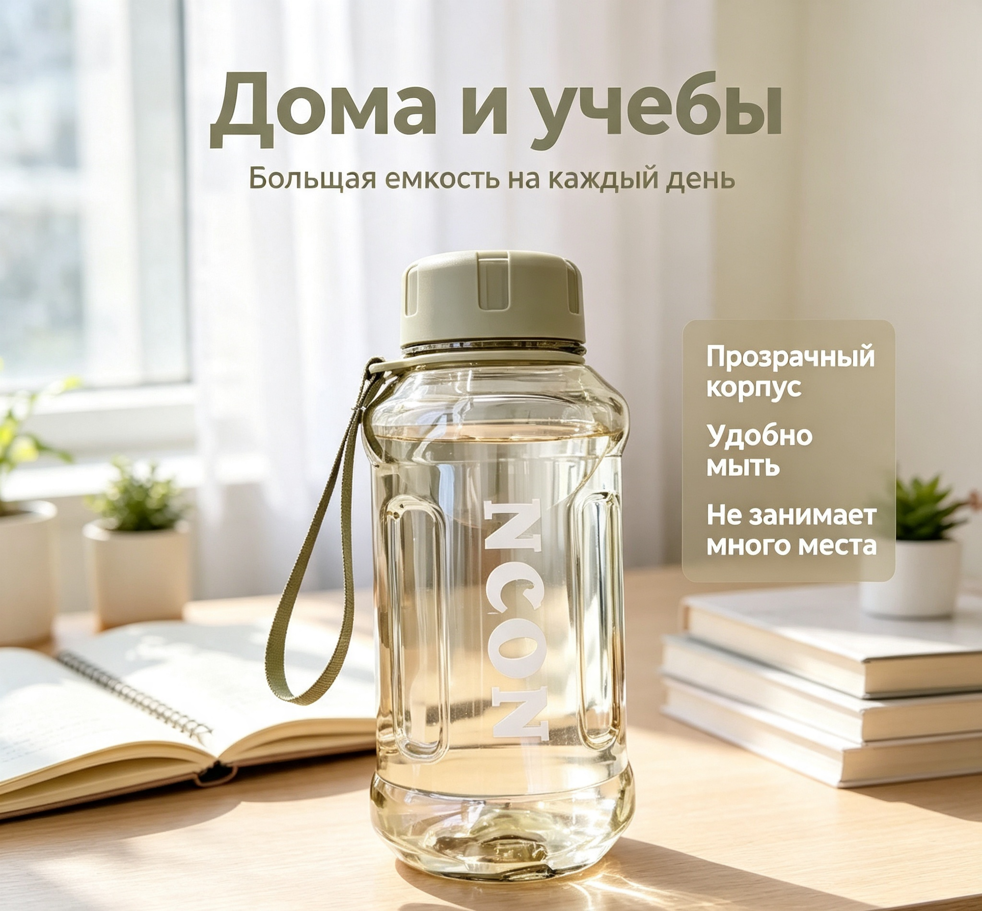 Спортивная бутылка для воды NCON большая емкость с мерной шкалой и ремешком, противоударная