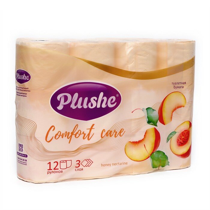 Туалетная бумага Plushe Honey Nectarine «Персик», 3 слоя, 12 рулонов