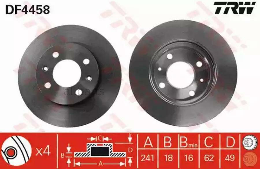 TRW DF4458 Диск тормозной передний HYUNDAI I10/KIA PICANTO /VENT D=241MM TRW DF4458