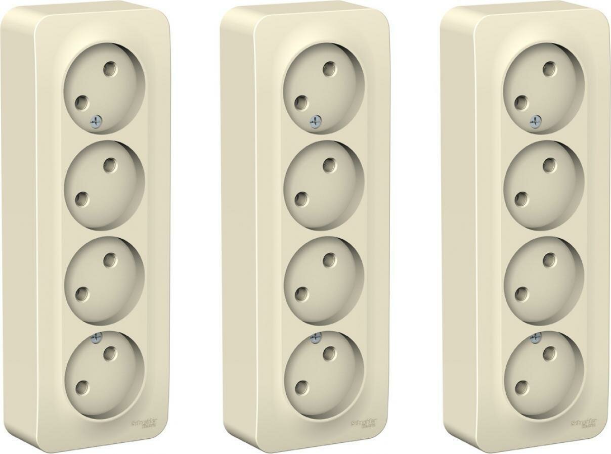 Розетка Systeme Electric Blanca четырехместная без заземления без шторок молочная для открытой проводки (комплект из 3 шт)