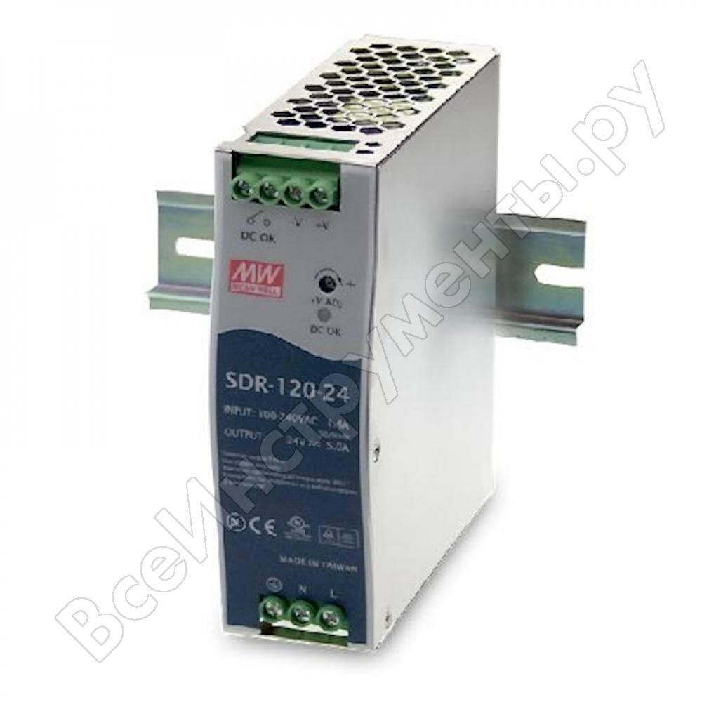 Источник питания Mean Well AC/DC SDR-120-24 T00292091 защита от короткого замыкания, бирюзовый металлический корпус