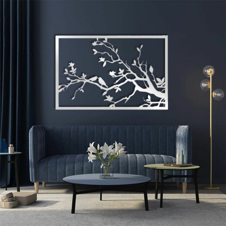 Декоративное панно деревянное, Птицы на ветке (белый цвет)