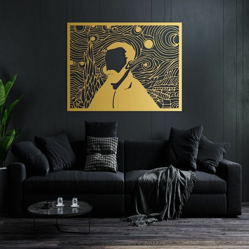 Декоративное панно деревянное, Звездная ночь - Винсент Ван Гога (матовое золото)