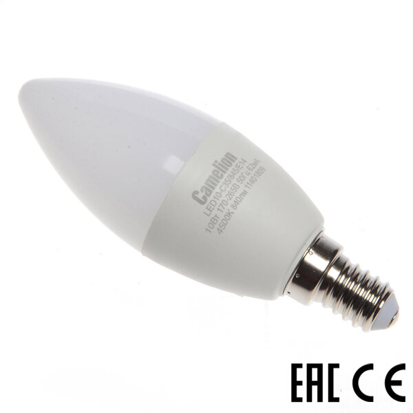 Лампа 10Вт LED10-C35/845/E14 220В 4500К светодиодная свеча холодный белый свет (Camelion) (5 шт. в комплекте)