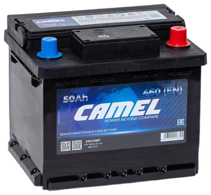 Аккумулятор автомобильный Camel 50 А/ч 460 А обр. пол. низкий 55016MF Евро авто (207х175х175)