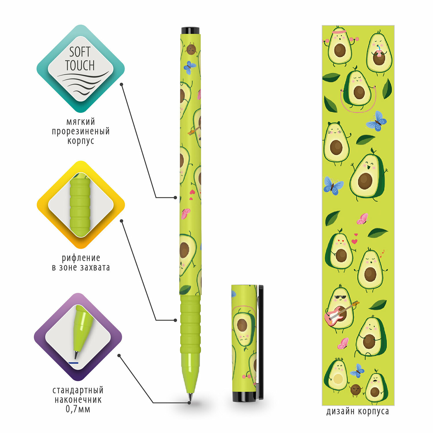 Упаковка 36 шт. Ручка шариковая BRAUBERG SOFT TOUCH GRIP "AVOCADO", синяя, мягкое покрытие, узел 0,7 мм, 143716