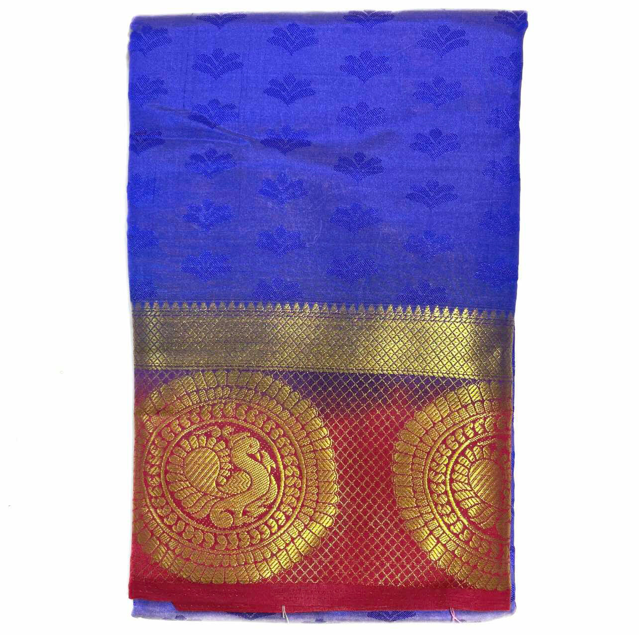 Сари однотонное синее, с каймой розового цвета с Золотистой отделкой павлины (Size: Onesize, с отрезом для блузы), 1 шт.