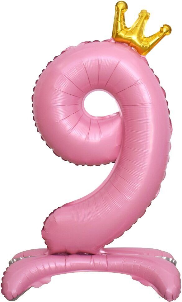 Шар (32'/81 см) Цифра, 9 Золотая корона, на подставке, Розовый, 1 шт. в упак.