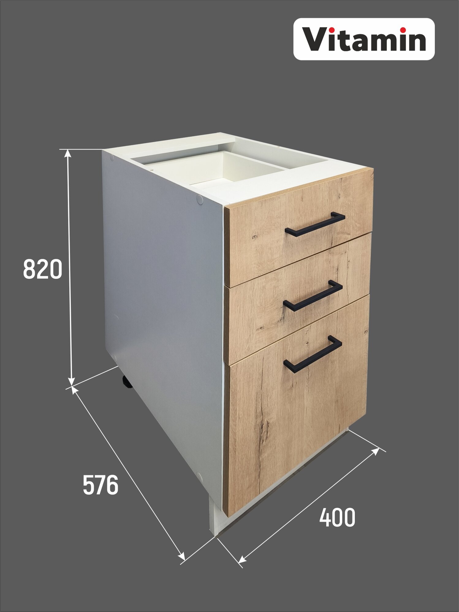 Кухонный гарнитур VITAMIN модульный шкаф напольный с 3 ящиками ЛДСП, Цвет "Дуб Ирландский" ширина 40 см.