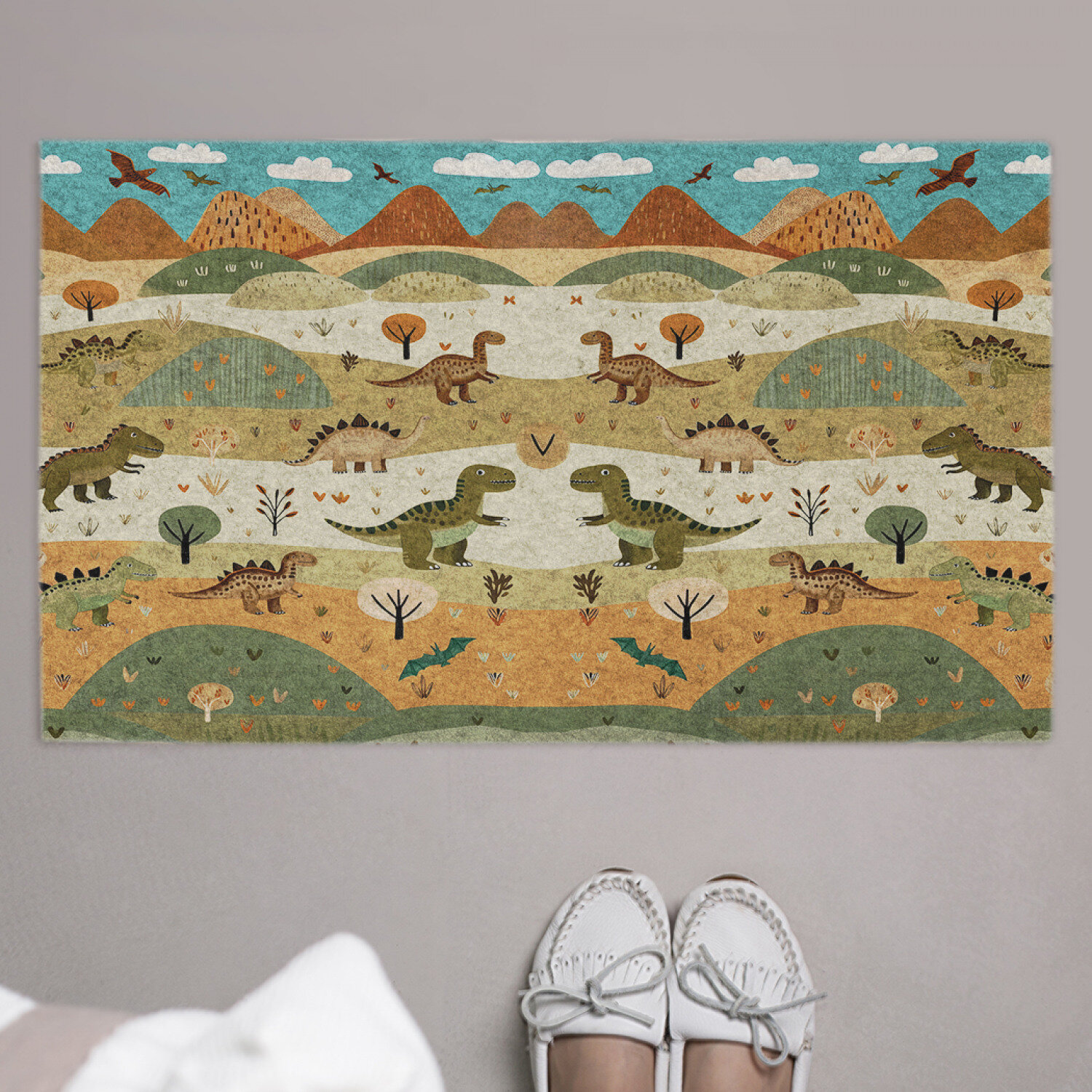 Коврик придверный в прихожую с принтом "Динозавры на прогулке" 45 на 75 см , JoyArty