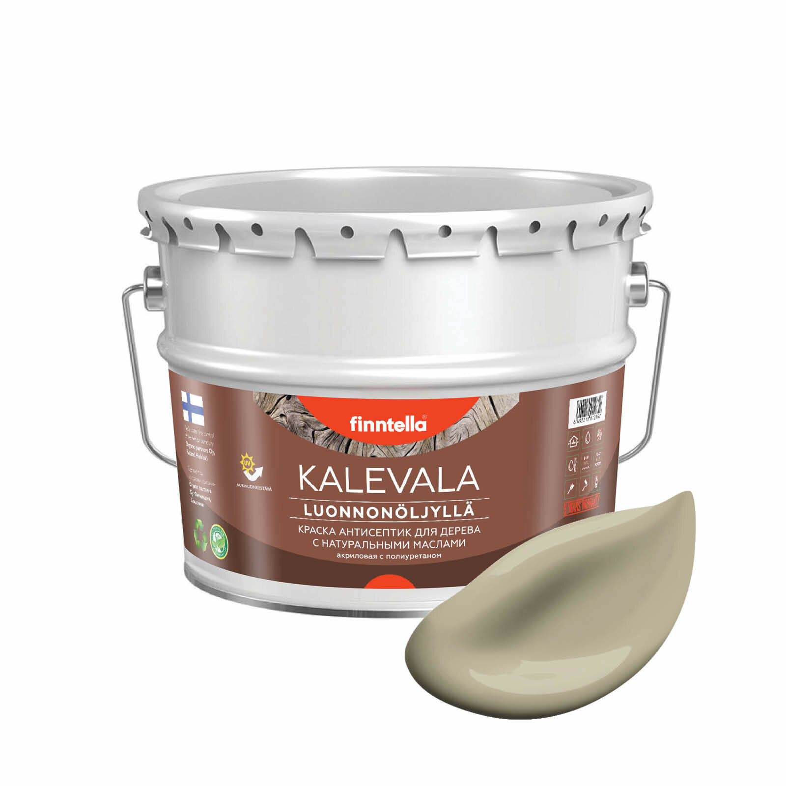 Краска для дерева и деревянных фасадов FINNTELLA KALEVALA, с натуральным маслом и полиуретаном, цвет VUORI (бежевый хаки) , 9л