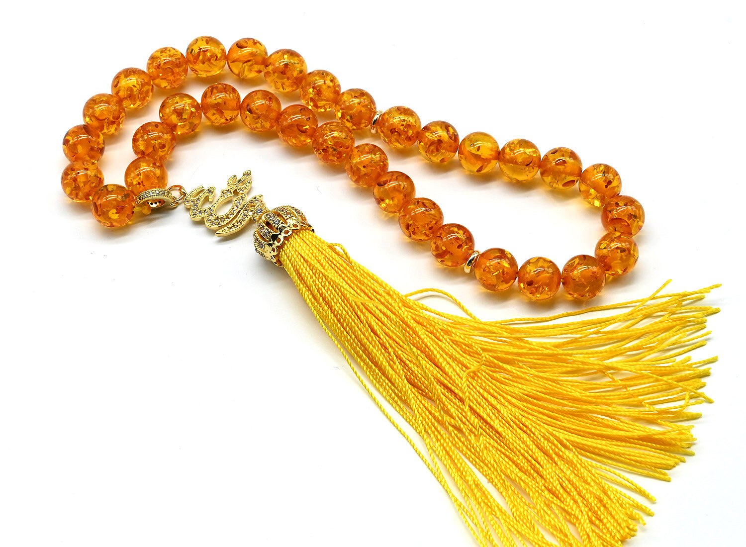 Четки 33 бусины "Иероглиф" из янтаря шарик 10мм цв. медовый, 34см .