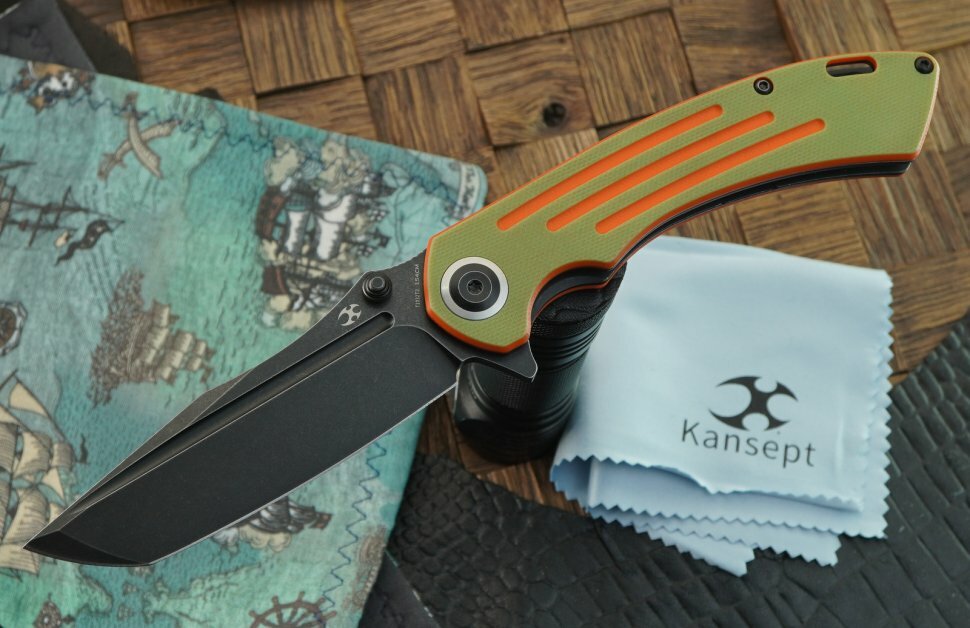 Складной нож Kansept Knives Pretatout, сталь 154CM, BC, рукоять зелено-оранжевый G-10