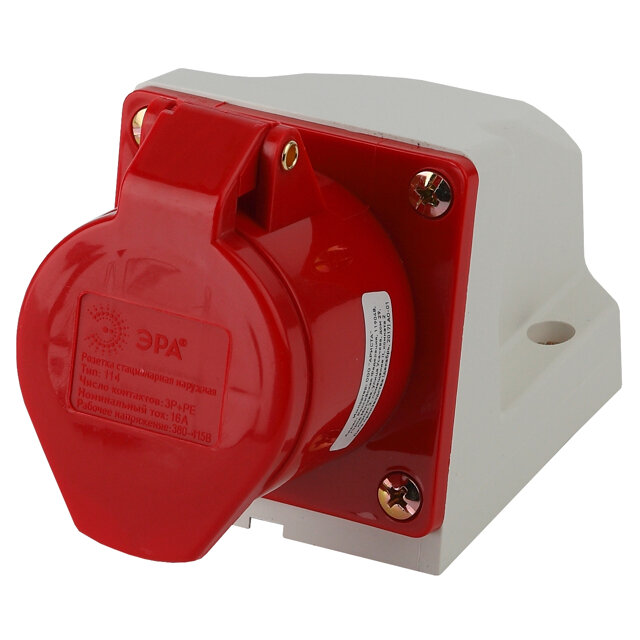 ЭРА стационарная силовая розетка 3Р+Е 16А 380В IP44 красная для монтажа в электрощитовой