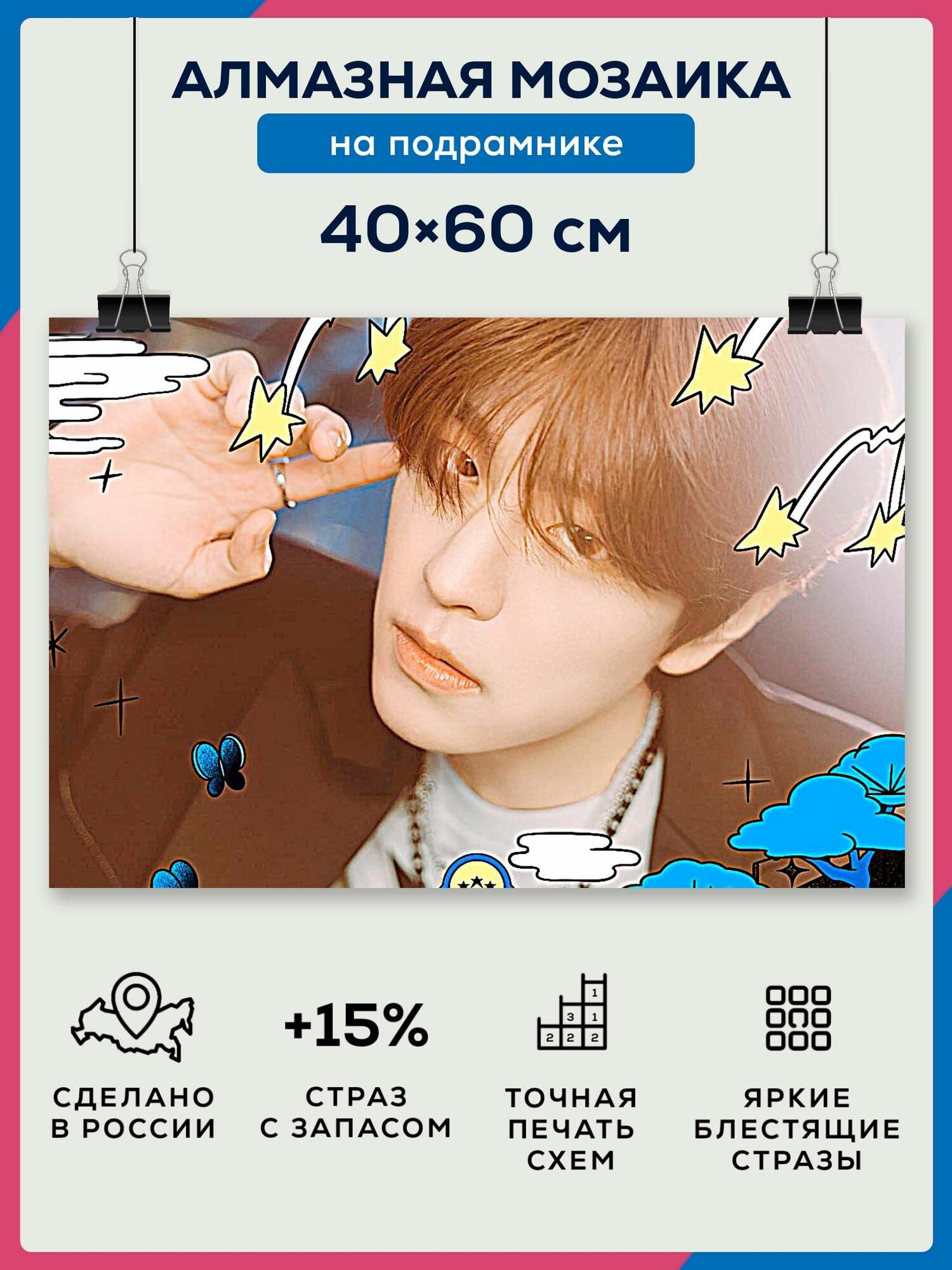 Алмазная мозаика SK Stray Kids 40х60 на подрамнике полная выкладка квадратными стразами