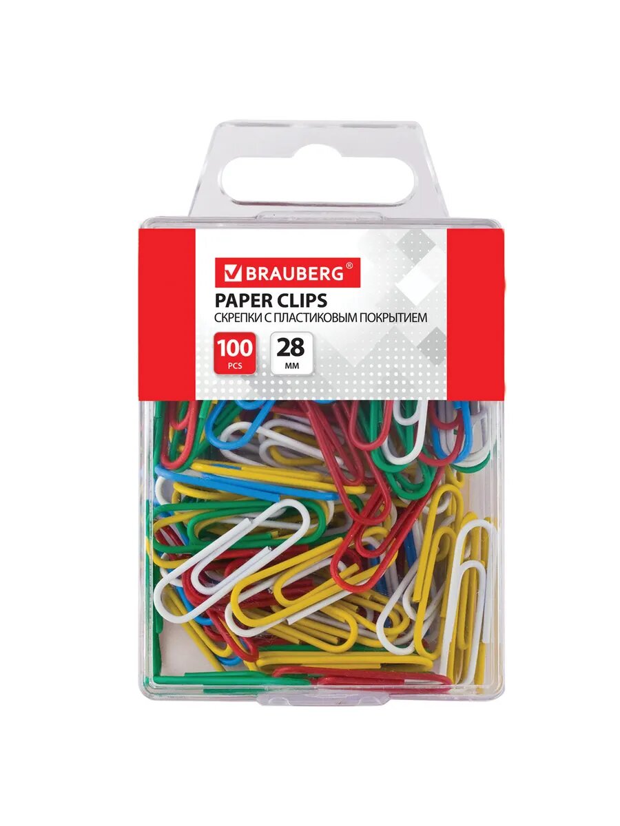 Скрепки BRAUBERG, 28 мм, цветные, 100 шт, в пластиковой ко