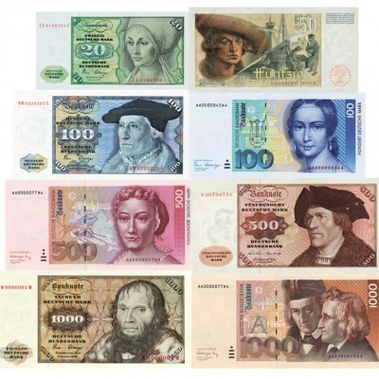 Набор 8 банкнот 20-1000 дойчмарок 1970-1991 гг, сувенирные копии, банкноты и купюры редкие коллекционные