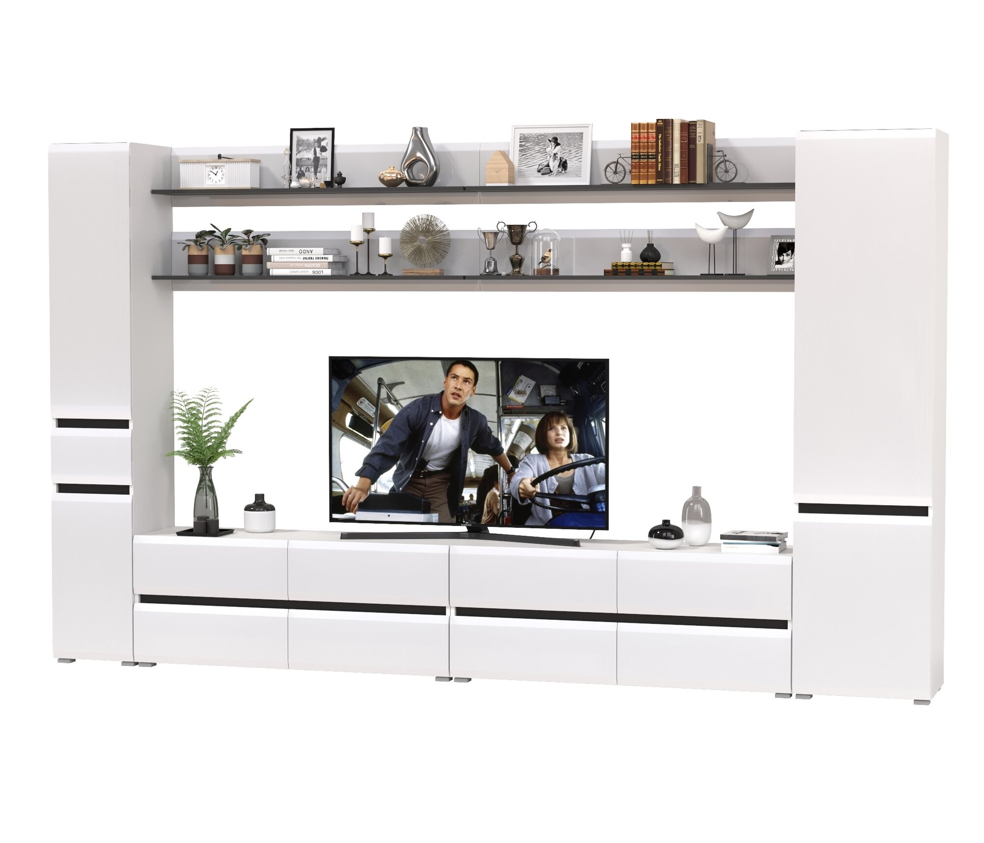 Мебель для гостиной модульная Моби Сидней № 125, цвет белый/чёрный/МДФ белый глянец, 344,8х41,3х205,2 см.