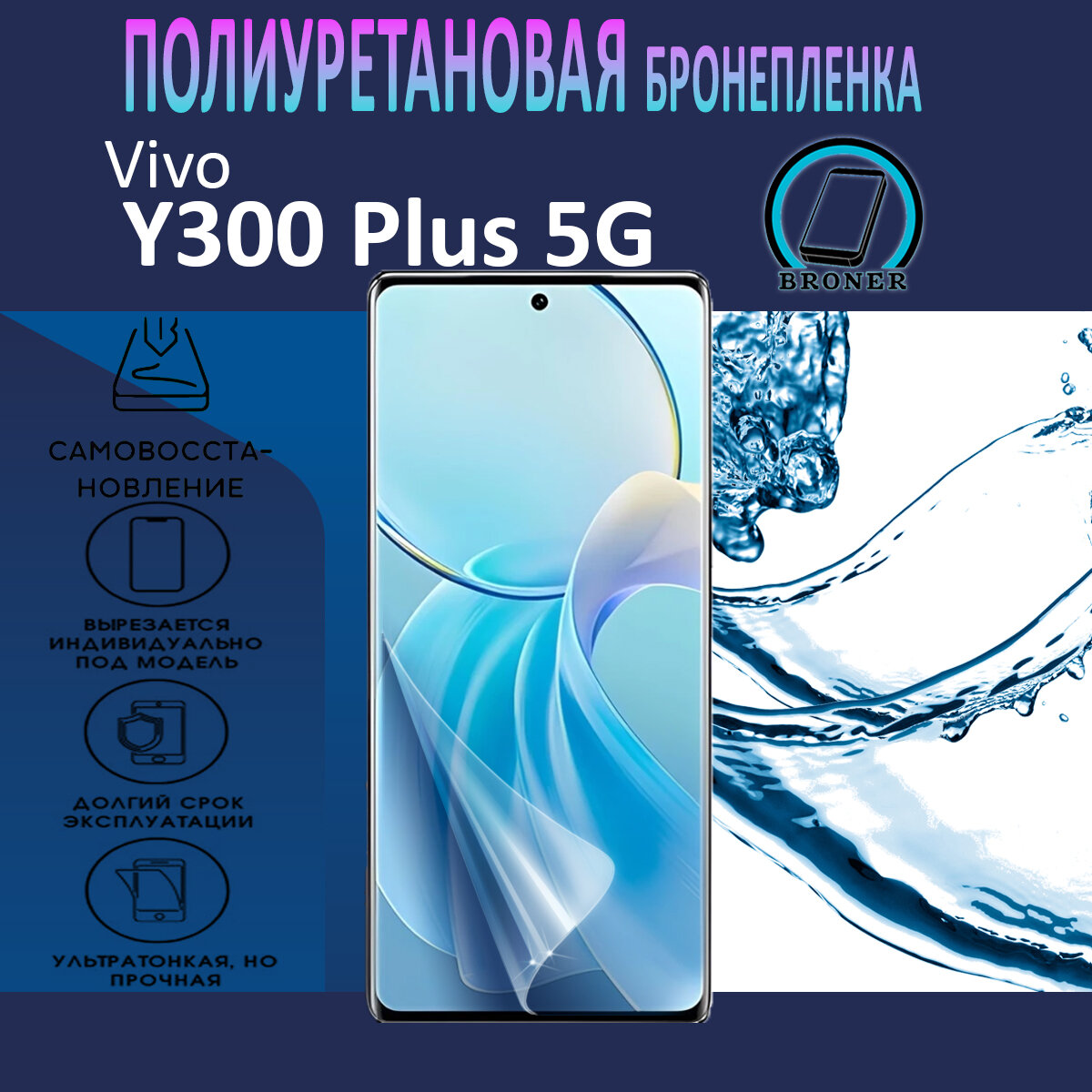 Полиуретановая бронепленка для Vivo Y300 Plus 5G / Защитная плёнка на экран, совместима с чехлом, с вырезом под камеру / Матовая