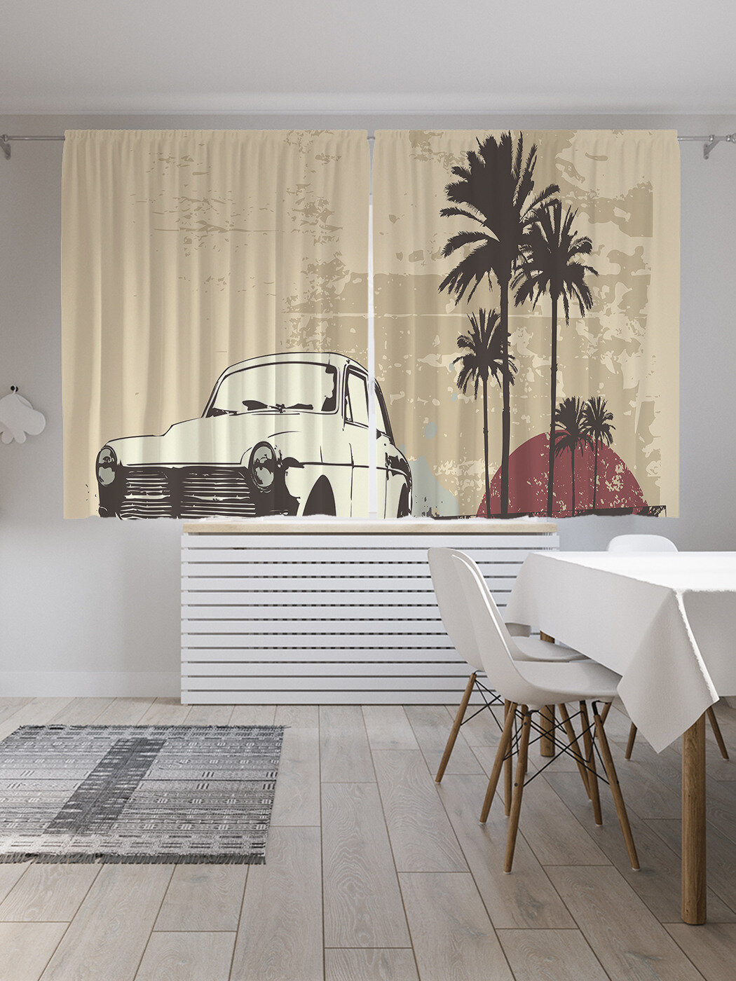 Фотошторы короткие "Винтажное авто", 2 полотна шириной по 145 см, высота 180 см, JoyArty