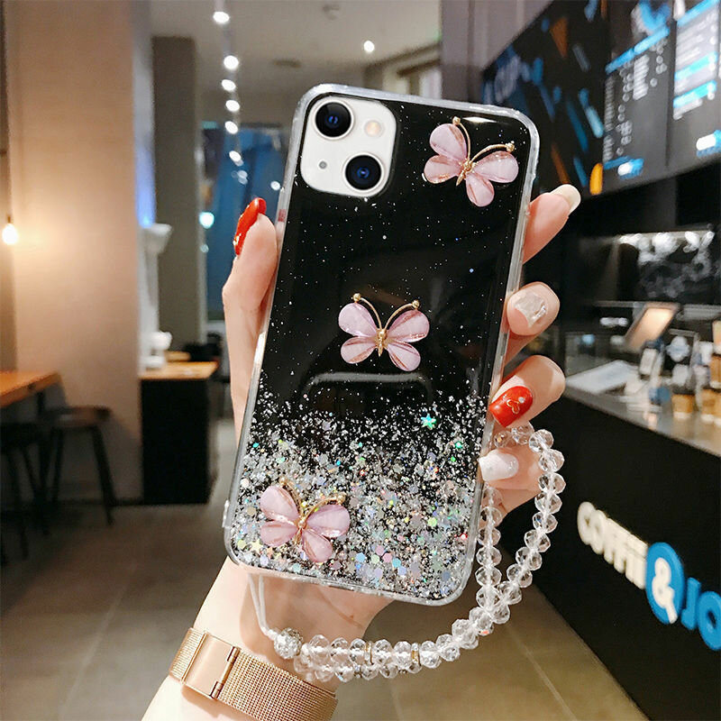 Чехол Promax "New", для iPhone 16 Pro, эпоксидная смола, блестящие бабочки
