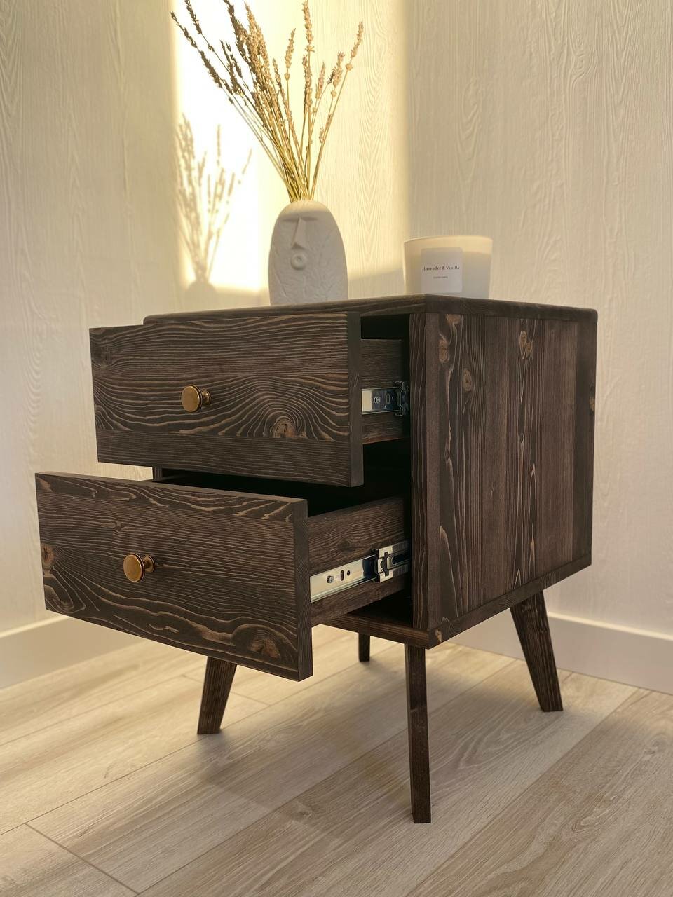 Тумбочка тумба прикроватная с двумя ящиками из массива эбони венге 45*40*53